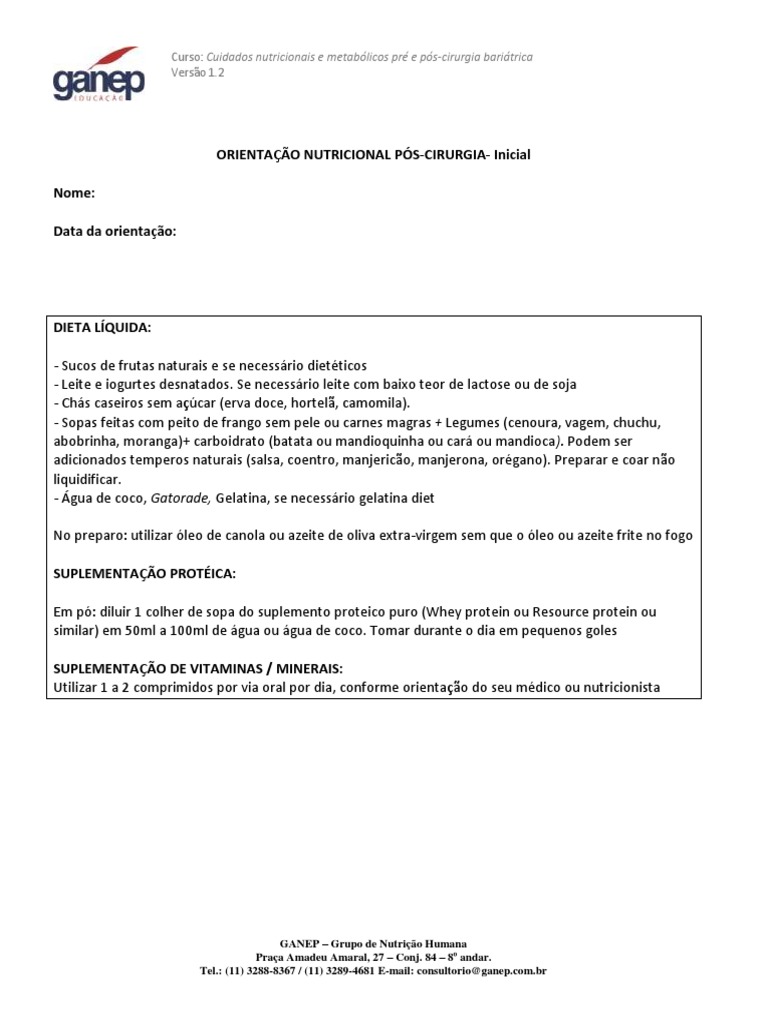Orientação Nutricional Pós Cirurgia Bariátrica Pdf Suco Dieta E