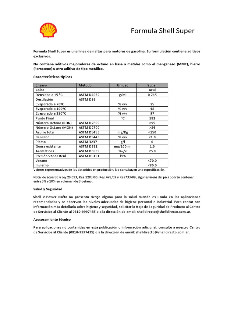 Formula Shell Super: Nafta Avanzada | PDF | Gasolina | Sustancias químicas