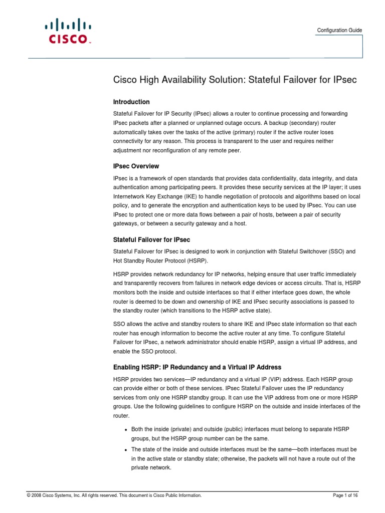 Cisco IPSEC High Availability Solution - Stateful Failover For IPsec | PDF | Router (Computing ...
