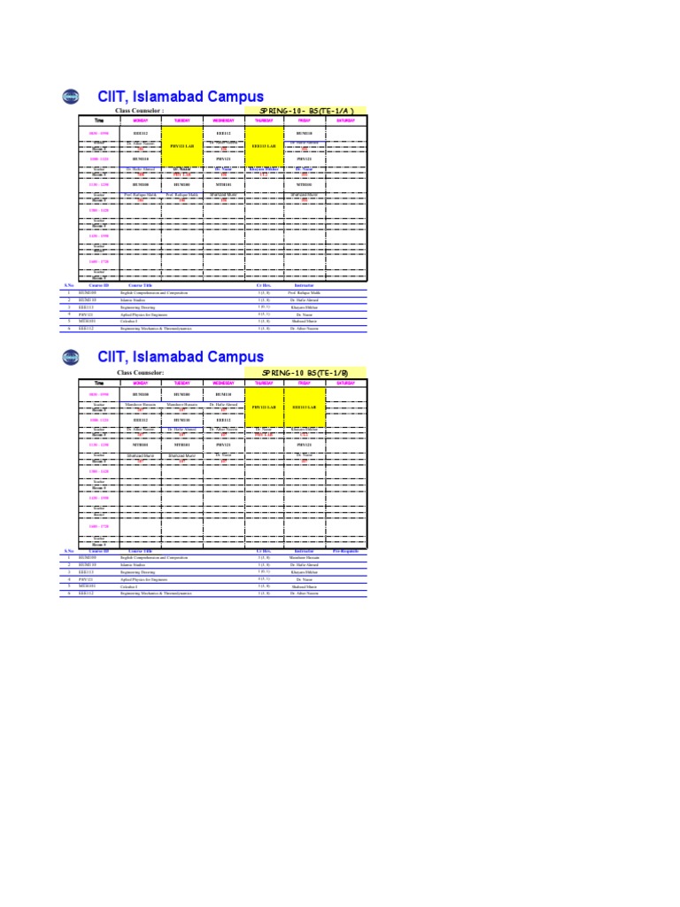EE Time Table Spring - 2010 | PDF | Engineering | Digital Technology