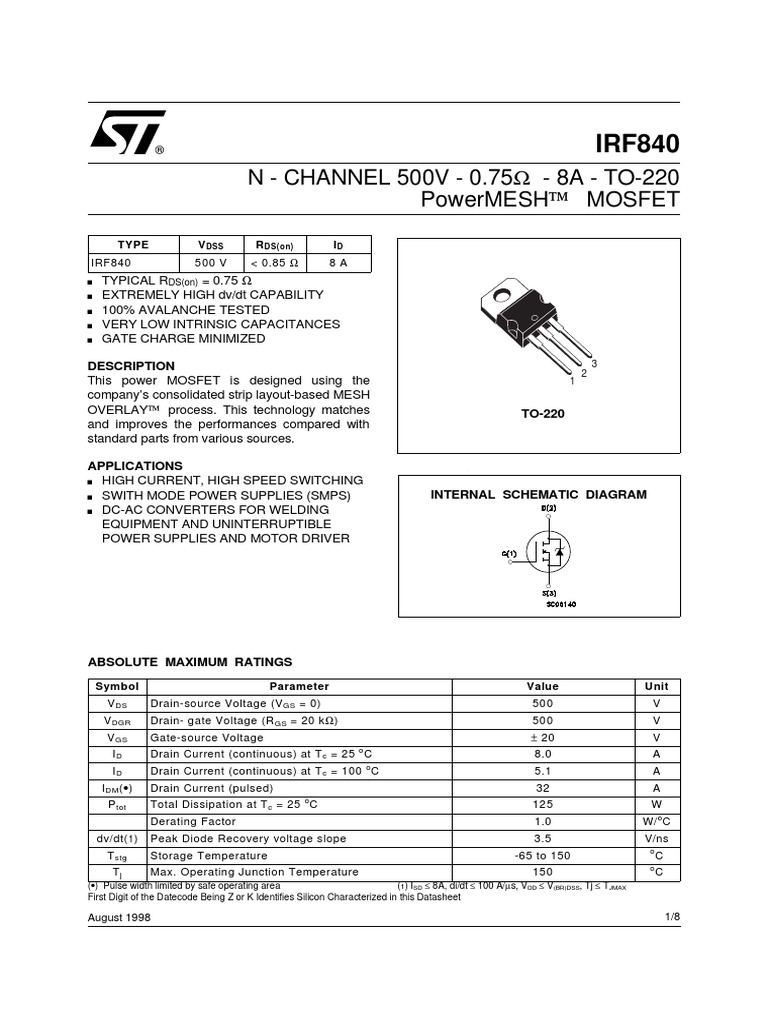 Mosfet Irf840 PDF | PDF | Mosfet | Computer Engineering