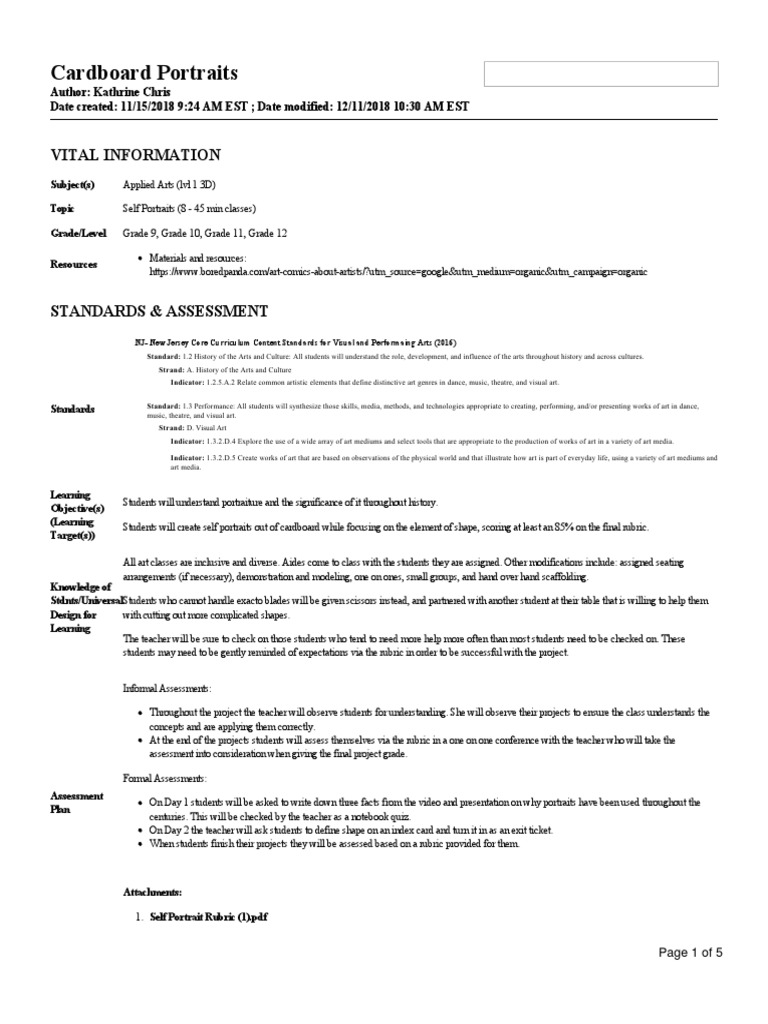 Cardboard Portraits Lesson Plan | PDF | Rubric (Academic) | Drawing