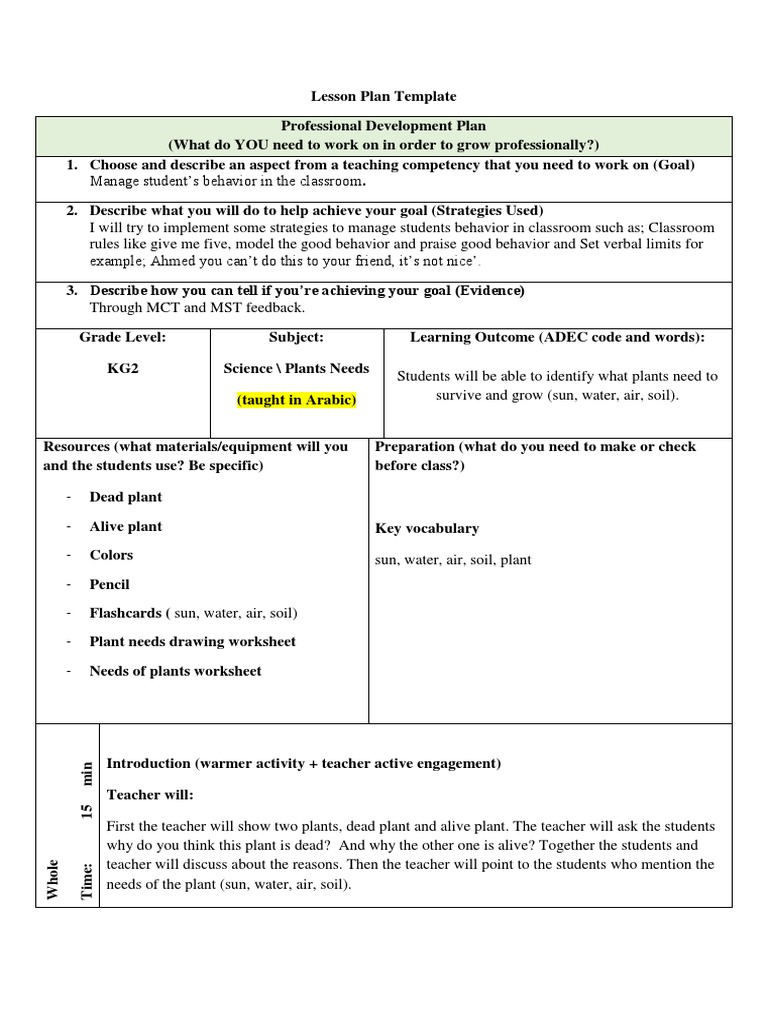 Plant Needs Lesson Plan for KG2 | PDF | Lesson Plan | Teachers