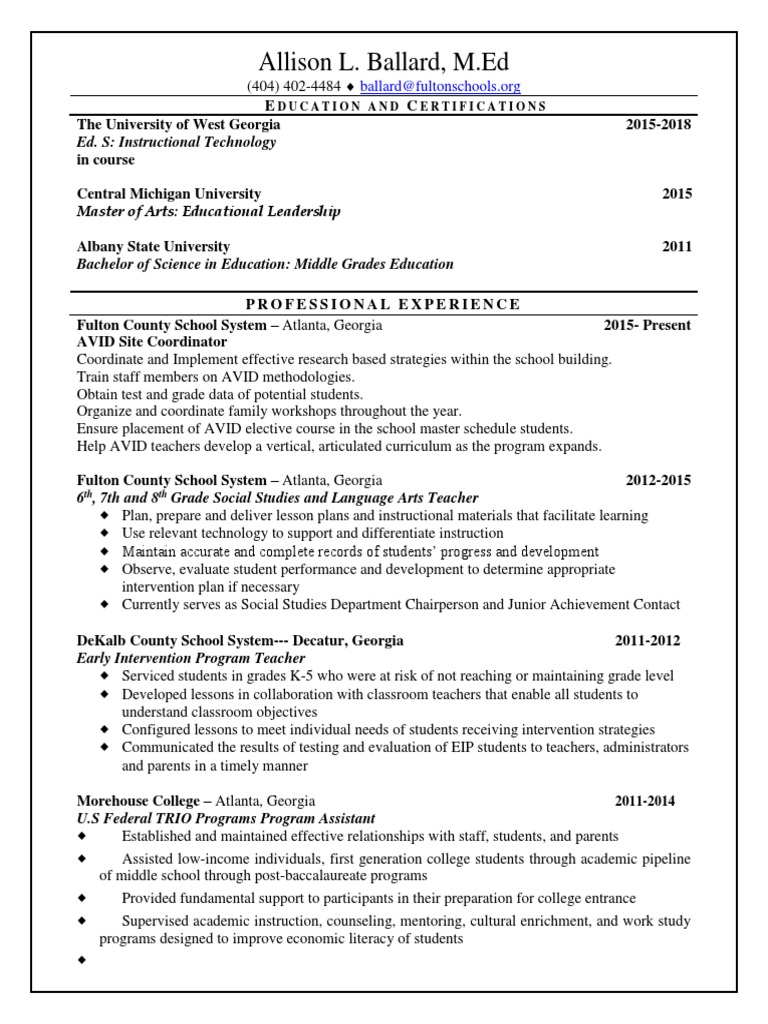 Allison L Ballard Resume 1 2 | PDF | Teachers | Educational Technology
