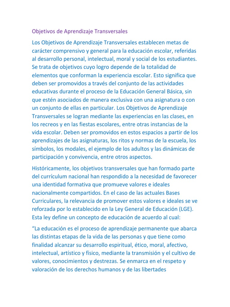 Objetivos de Aprendizaje Transversales para PACI | PDF | Aprendizaje ...
