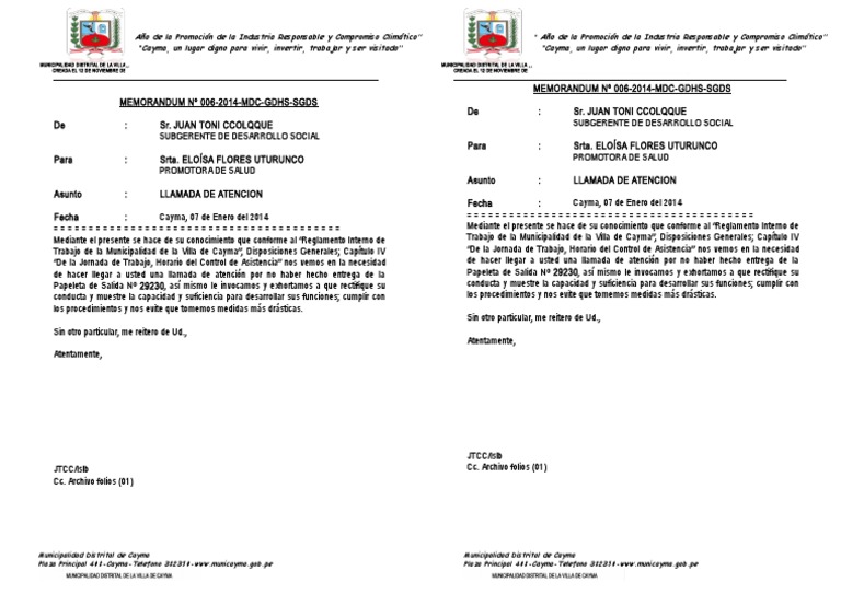 Memorandum #006-Llamada de Atencion | PDF