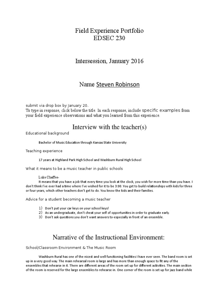2015 Field Experience Portfolio-2 | PDF | Music Education | Classroom
