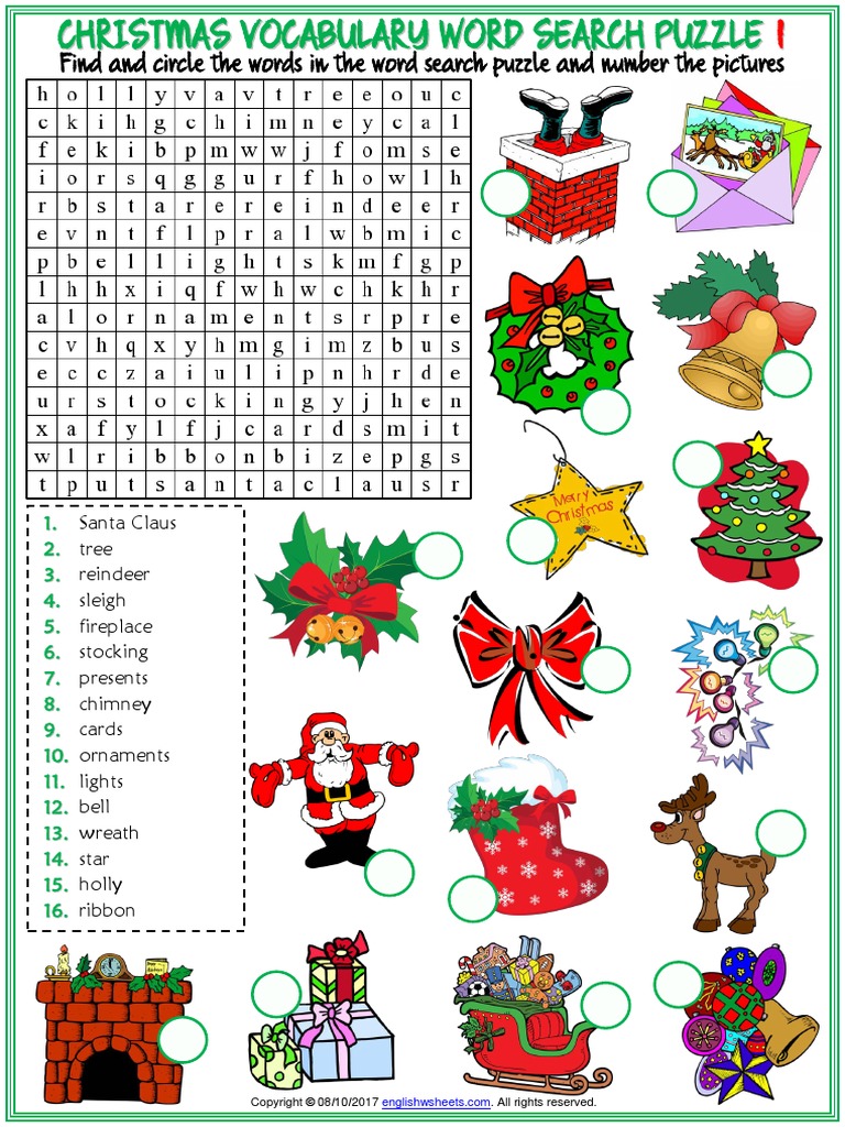 Christmas Vocabulary Esl Word Search Puzzle Worksheets For Kids PDF ...
