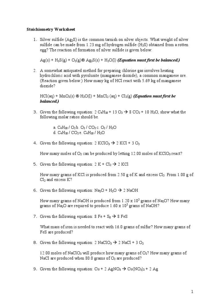 Stoichiometry Worksheet | PDF | Iron | Chlorine