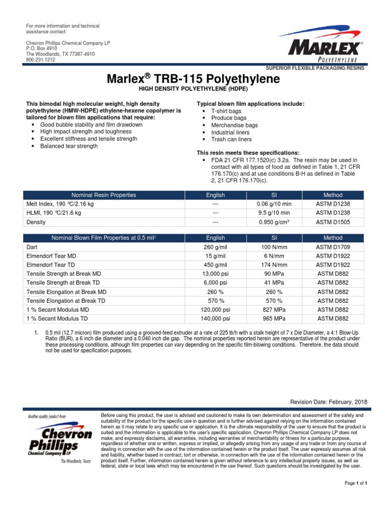 Marlex TRB-115 Polyethylene | PDF | Polyethylene | Materials