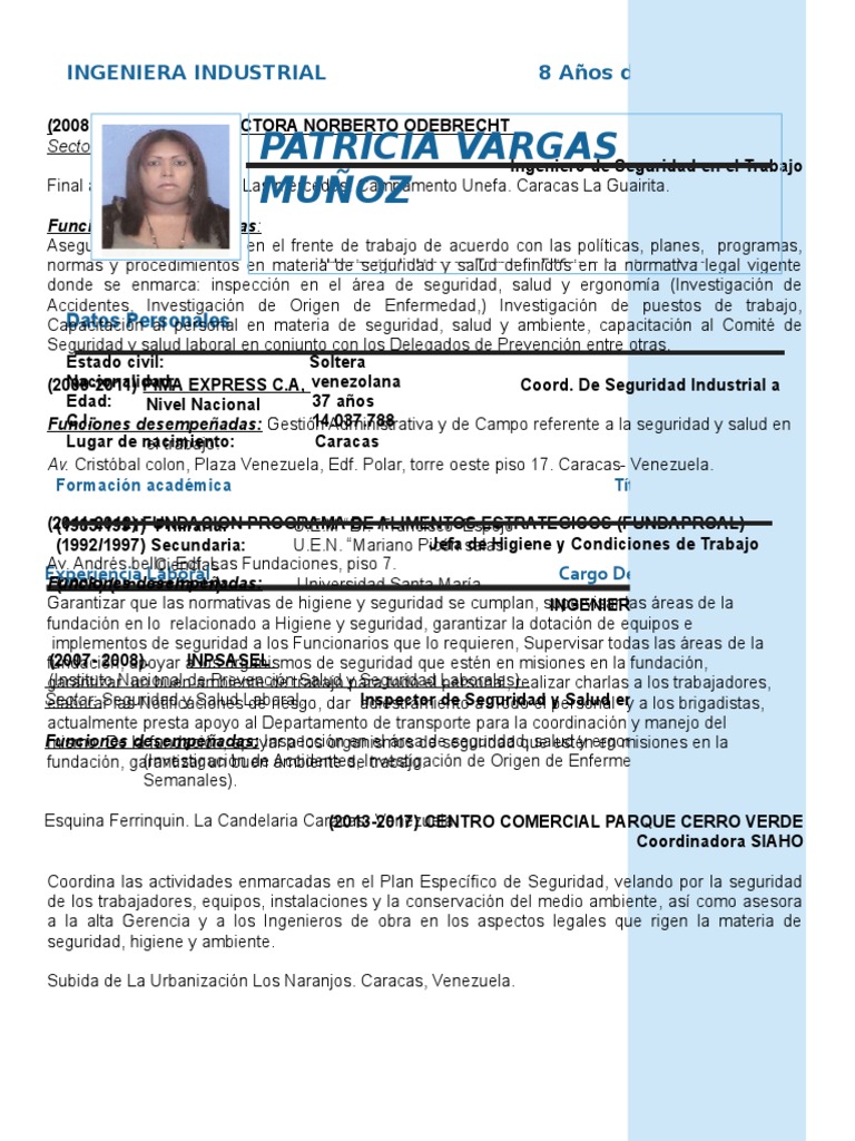 Curriculum-Vitae Ing. Patricia Vargas 2018 | PDF | Venezuela | Seguridad y salud ocupacional