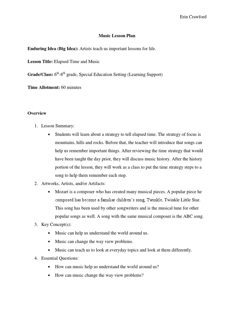 Music Lesson Plan | PDF | Teaching Mathematics | English As A Second Or ...