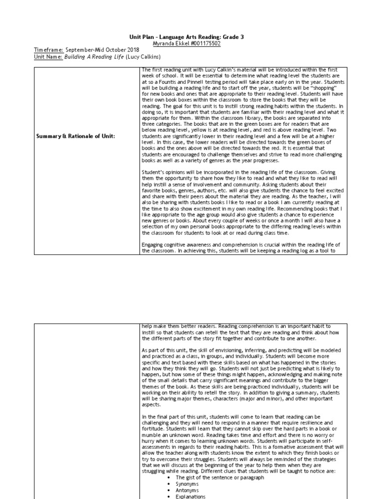 Unit Plan Building A Reading Life | PDF | Reading Comprehension ...