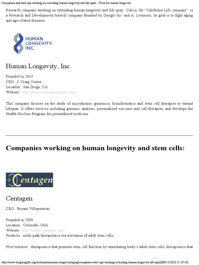 Human Longevity, Inc.: Companies Working On Human Longevity and Stem ...