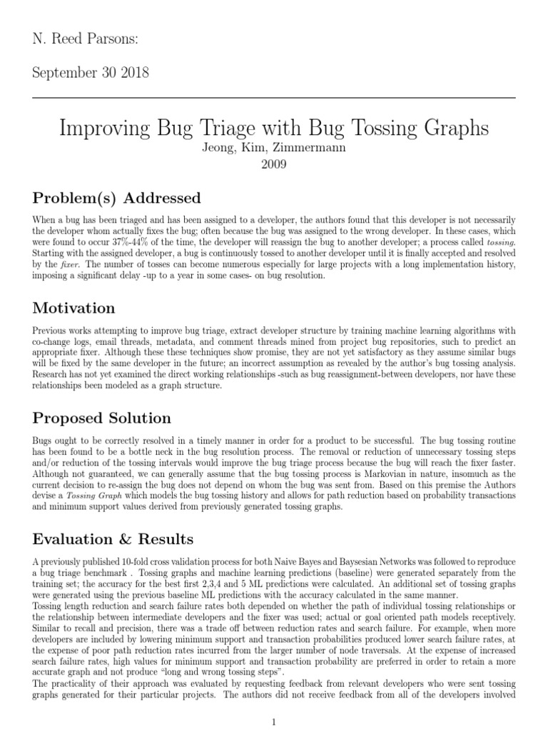 Improving Bug Triage With Bug Tossing Graphs: N. Reed Parsons: September 30 2018 | Download Free ...
