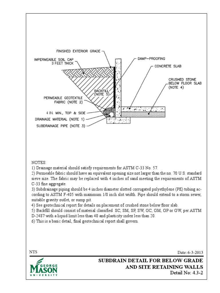 4 3 2 Subdrain Detail For Below Grade and Site Retaining Walls ...