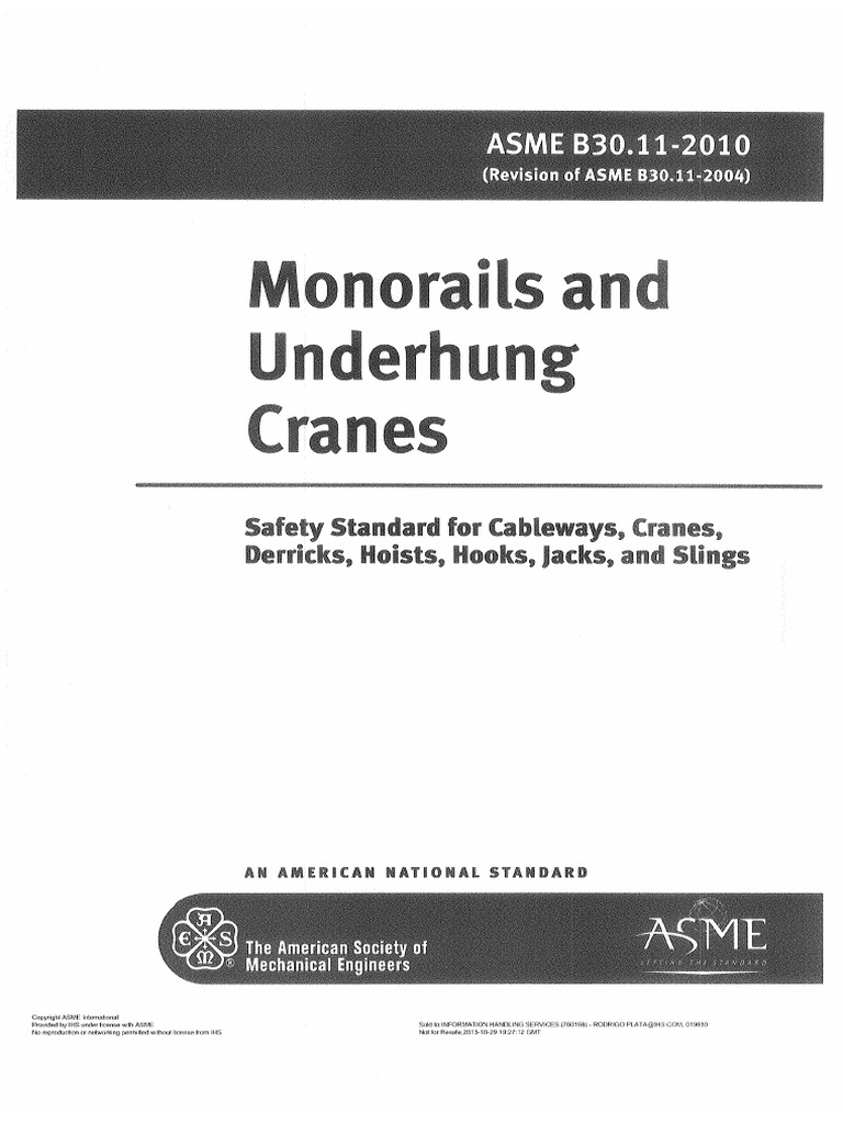 ASME B30.11-2010 Monorails and Underhung Cranes PDF | PDF