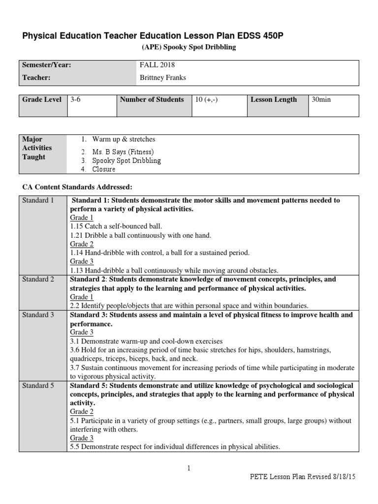 Physical Education Teacher Education Lesson Plan EDSS 450P | PDF ...