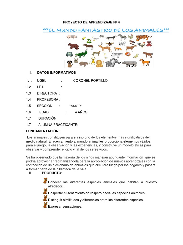 Proyecto de Aprendizaje Los Animales Hermana Karin | PDF | Science ...