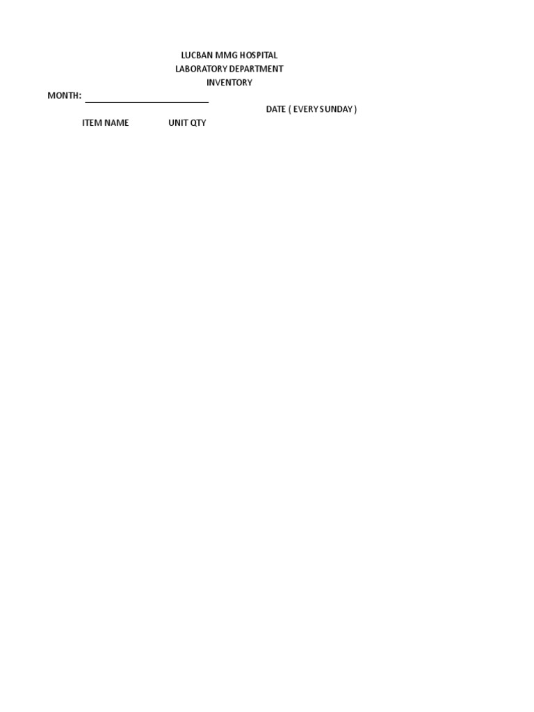 Lucban MMG Hospital Laboratory Department Inventory Month: Date (Every ...
