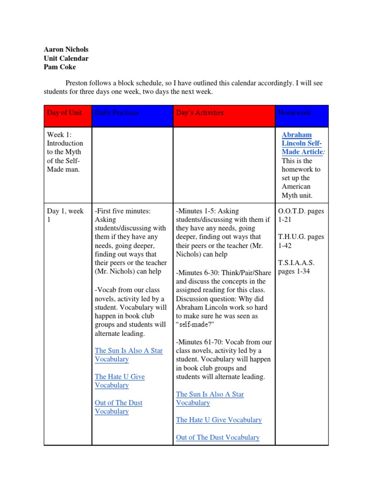 Unit Plan Calendar | PDF | Question | Vocabulary