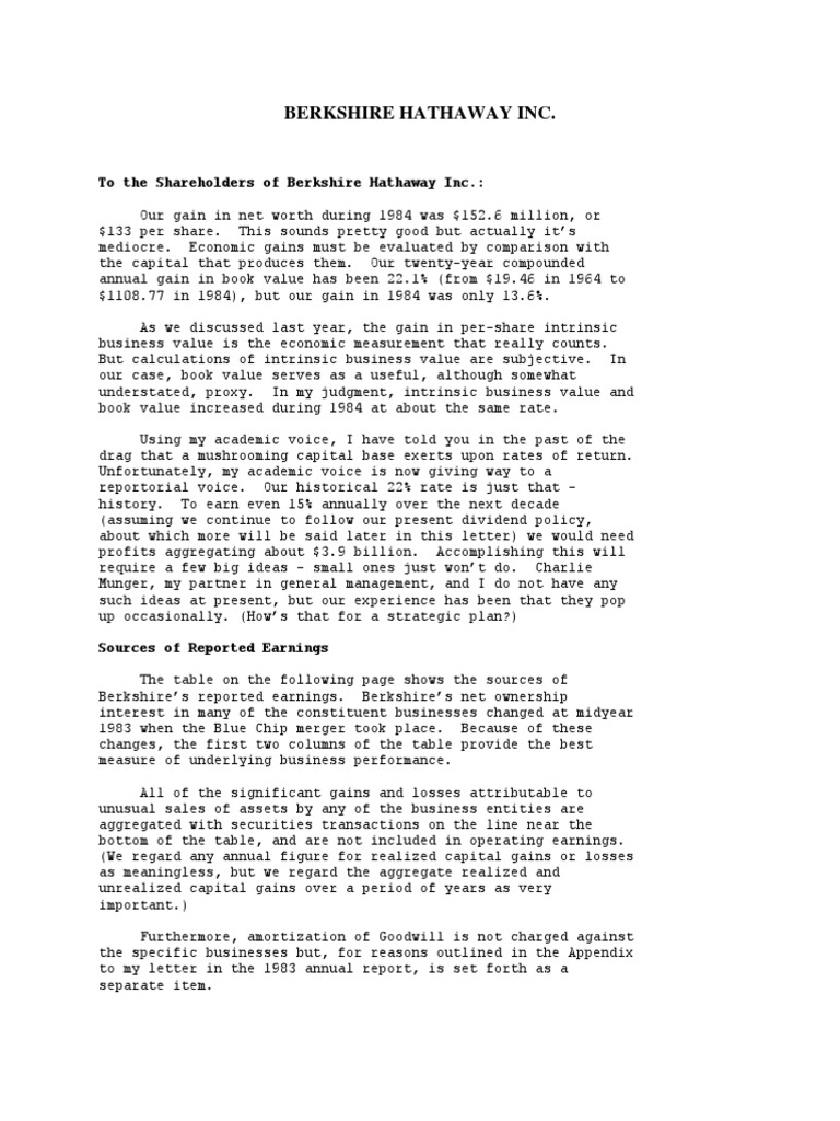 Chairman's Letter - 1984 PDF | PDF | Newspapers | Insurance