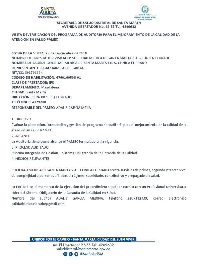 Auditoría PAMEC en Clínica El Prado | PDF | Calidad (comercial) | Auditoría