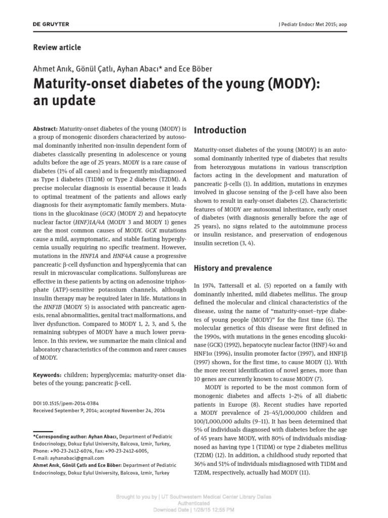 Maturity-Onset Diabetes of The Young (MODY) : An Update | PDF ...