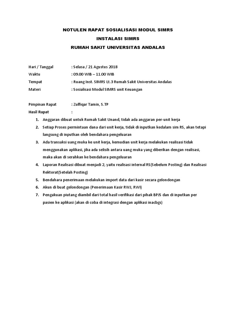 Notulen Rapat Sosialisasi Modul Simrs | PDF | Sains & Matematika | Komputer