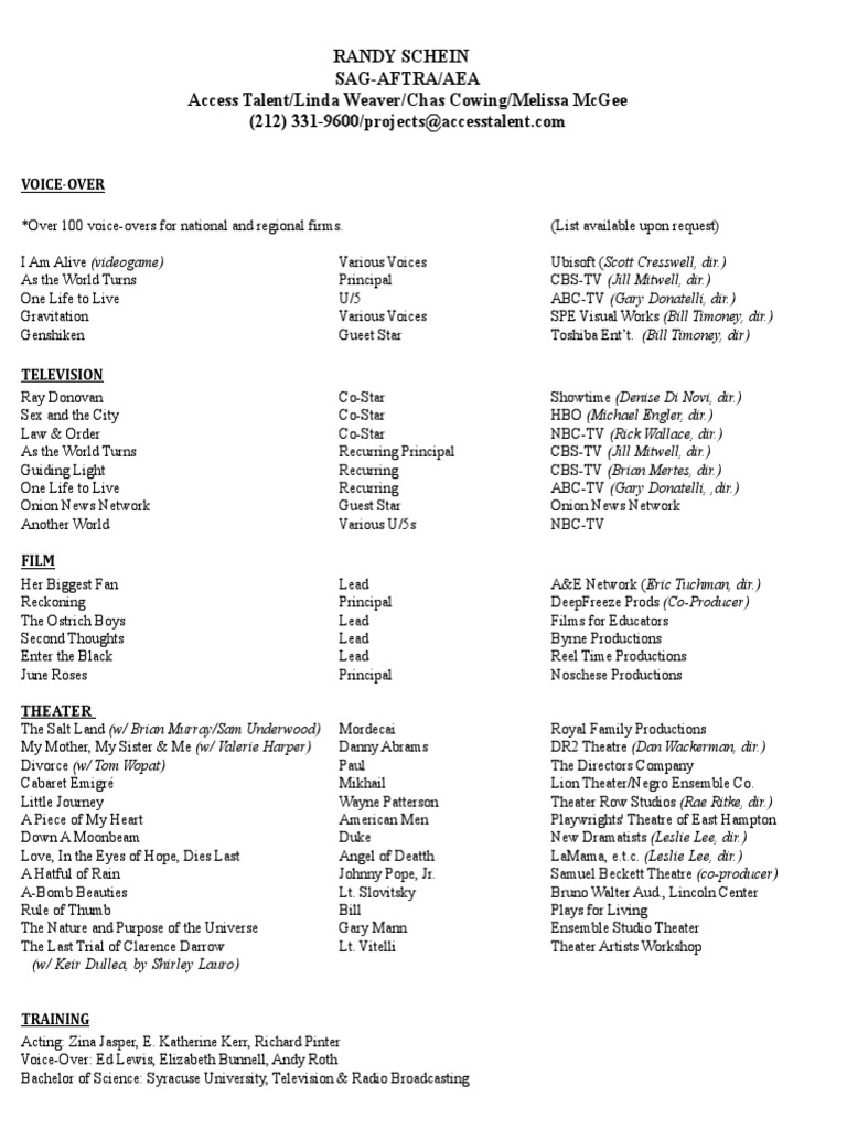 Randy Schein Vo Resume | PDF | Entertainment | Television