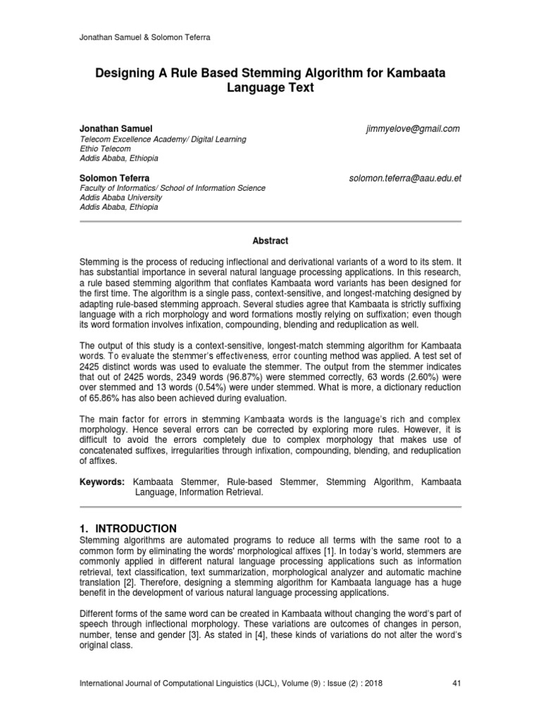 Designing A Rule Based Stemming Algorithm For Kambaata Language Text Pdf Part Of Speech