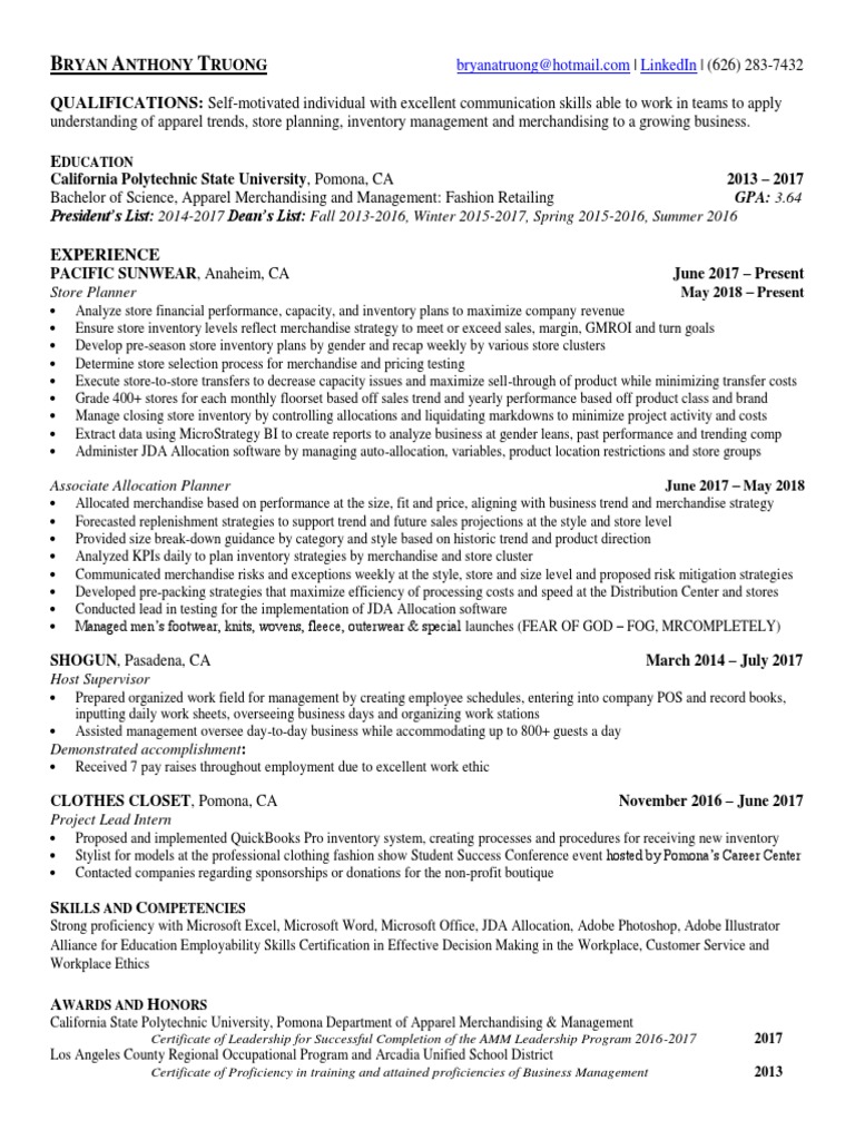 Bryan Truong - Resume 12 | PDF | Inventory | Business