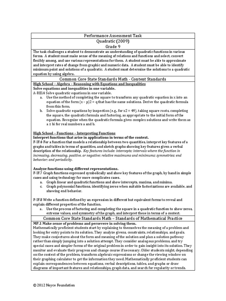 Performance Assessment Task Quadratic (2009) Grade 9 | PDF | Quadratic ...