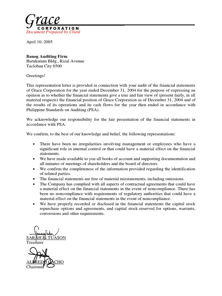 Management Representation Letter for Audit | PDF | Law