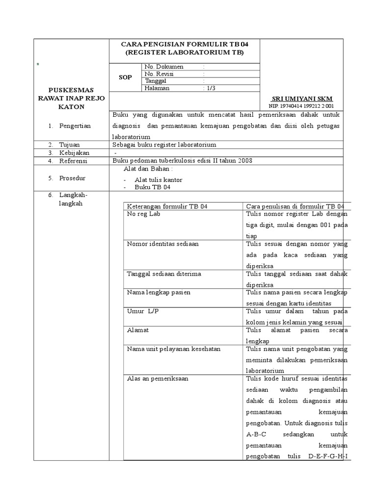 Cara Pengisian Formulir TB 04 (Register Laboratorium TB) | PDF