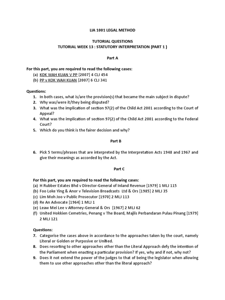 Statutory Interpretation Tutorial Questions | PDF | Social Science | Law