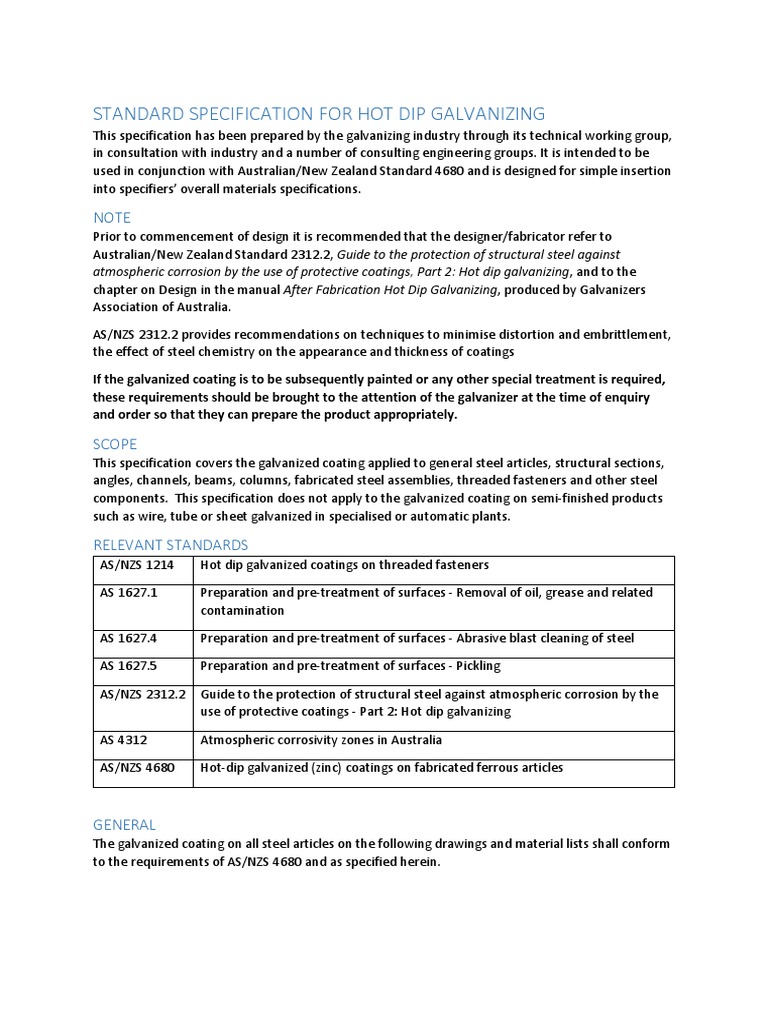 Standard Specification For Hot Dip Galvanizing | PDF | Galvanization | Metals