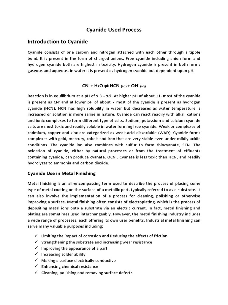 Cyanide Used Process Introduction To Cyanide Cn H O Hcn Oh Pdf