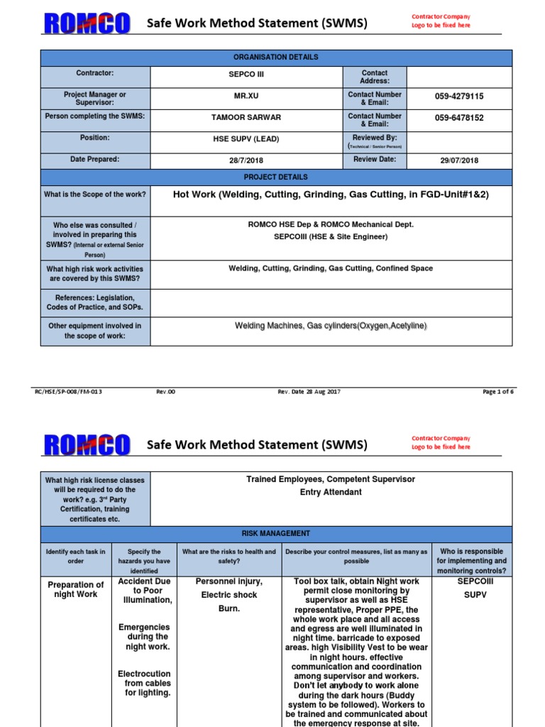 Safe Work Method Statement (SWMS) : Hot Work (Welding, Cutting ...