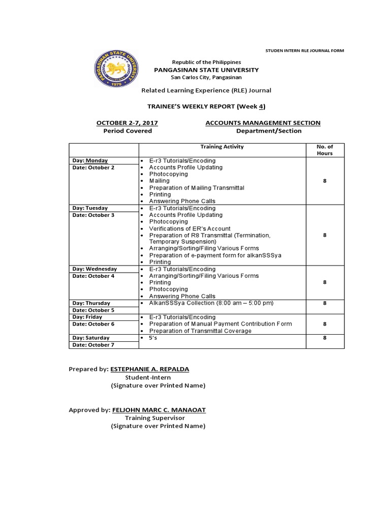 Pangasinan State University: Related Learning Experience (RLE) Journal ...