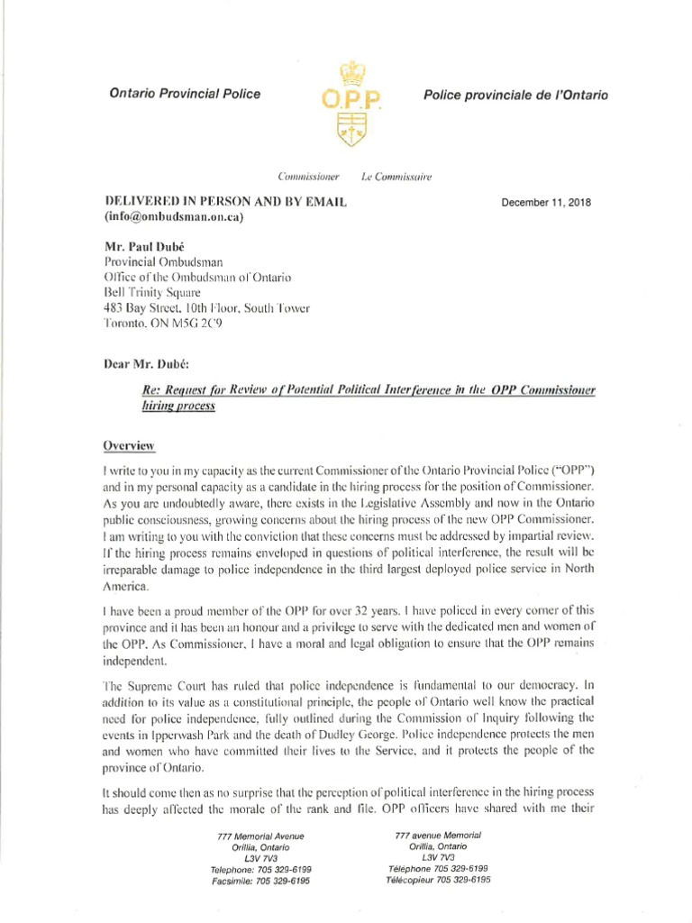 Brad Blair's Letter To Mr. Dube About OPP Commissioner's Hiring | PDF