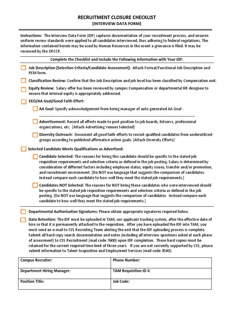 Recruitment Closure Checklist: (Interview Data Form) | PDF | Recruitment | Employment
