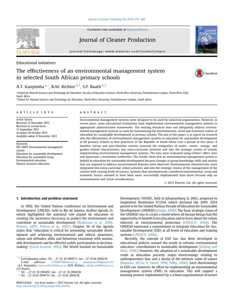 Journal of Cleaner Production: A.T. Kanyimba, B.W. Richter, S.P. Raath ...