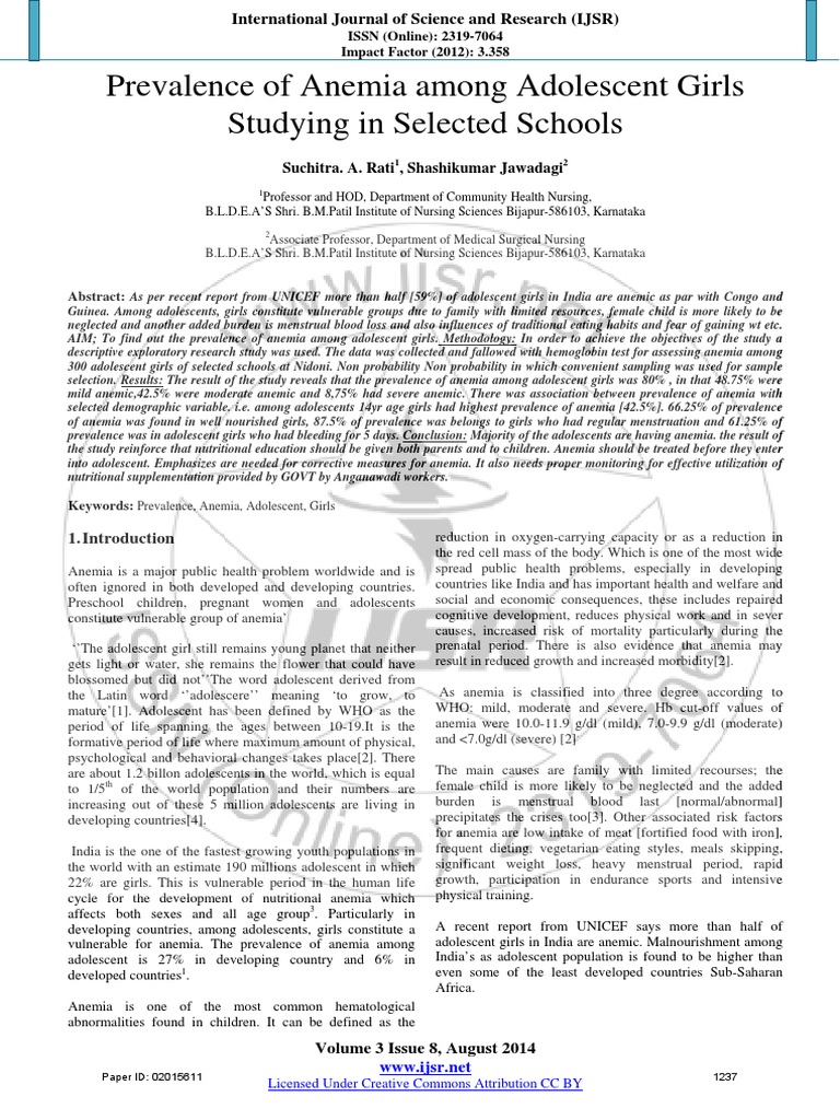 Anemia Prevalence in Adolescent Girls | PDF | Anemia | Pregnancy