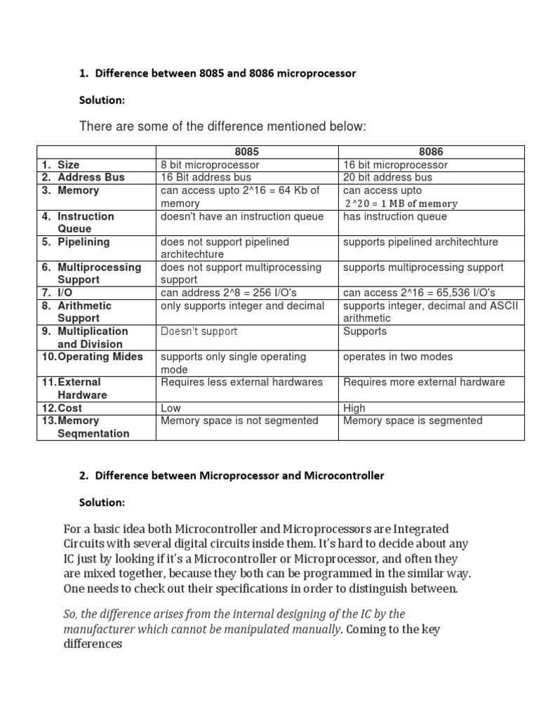 There Are Some of The Difference Mentioned Below:: 1. Difference Between 8085 and 8086 ...