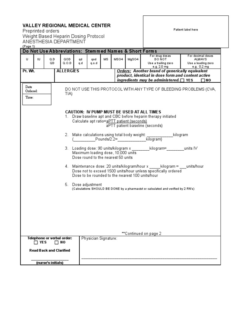 Weight Based Heparin Dosing Protocol Valley Regional Med Ce | PDF ...