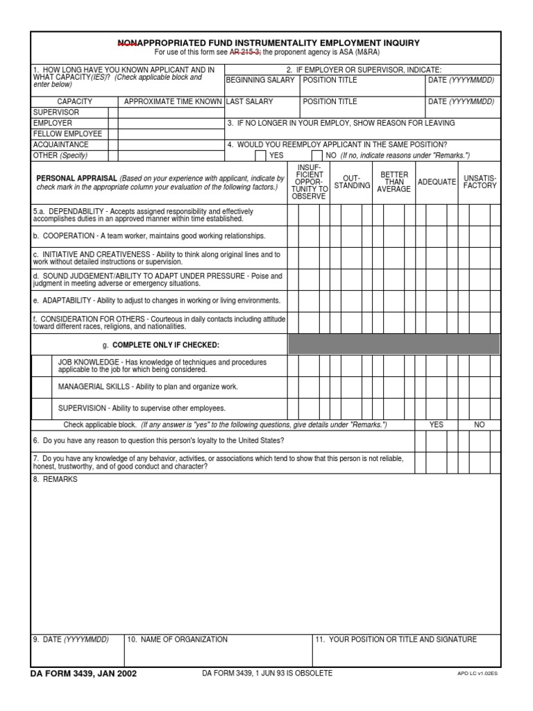 DA Form 3439 | Performance Appraisal | Employment