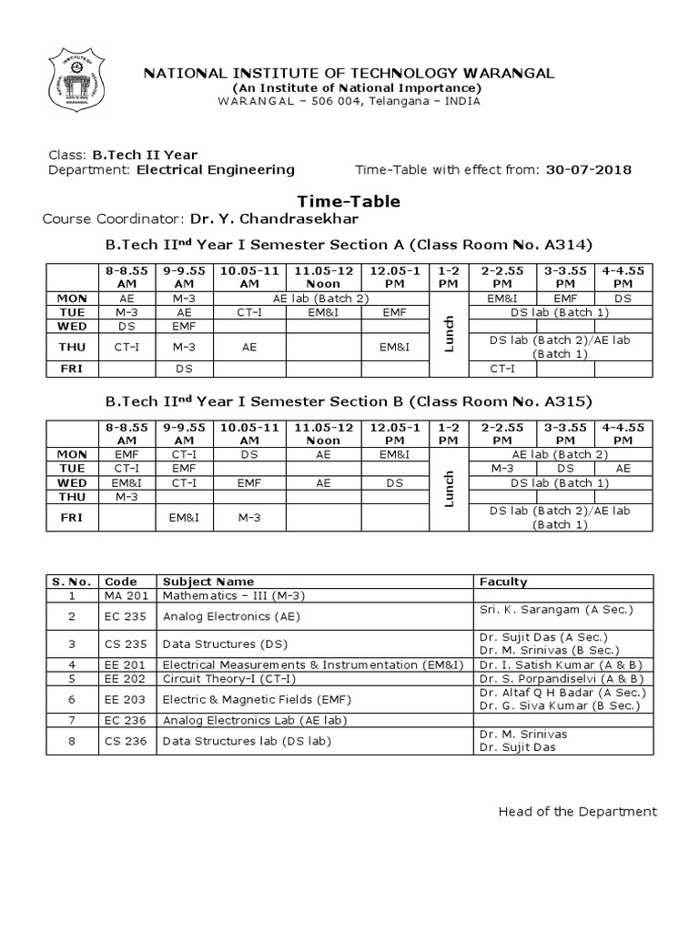 Classes - Time Table | PDF