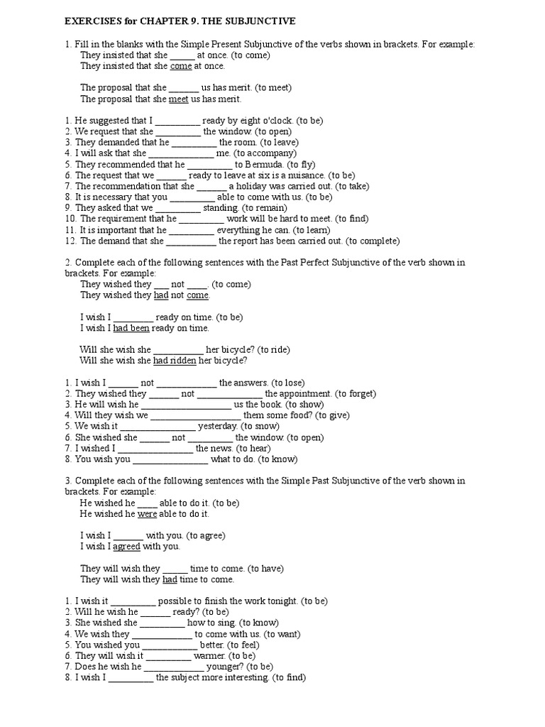 Exercises For Chapter 9. The Subjunctive | PDF | Verb | Perfect (Grammar)