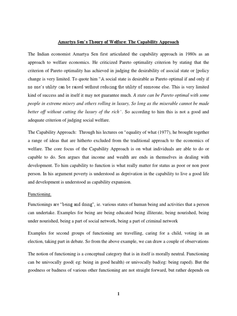 Amartya Sen's Capability Approach: A Theory of Welfare Economics | PDF ...